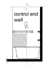 Elevation drawing shows the location of controls above the tub rim and ...